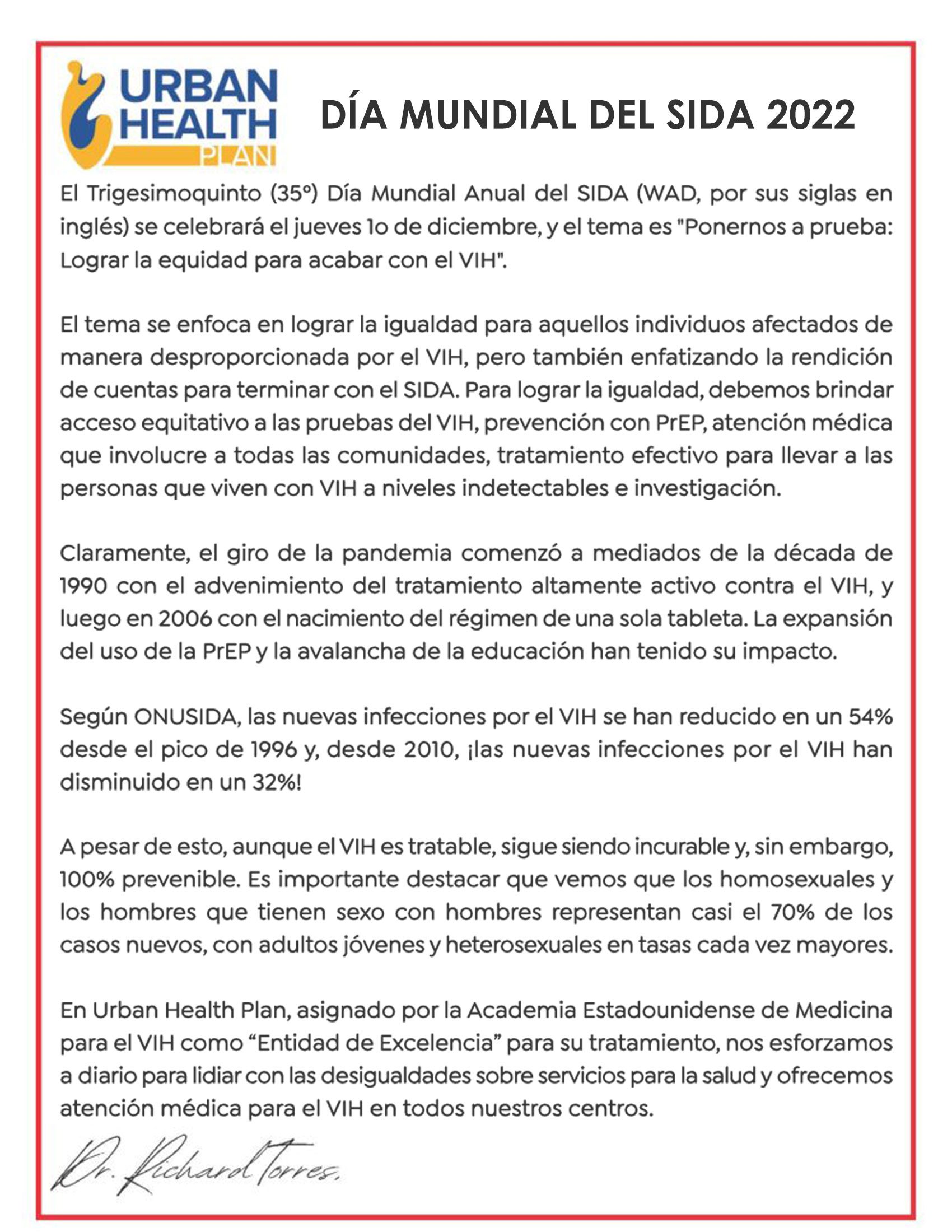 Día Mundial del SIDA 2022 - Una declaración del Dr. Richard Torres - Urban Health Plan